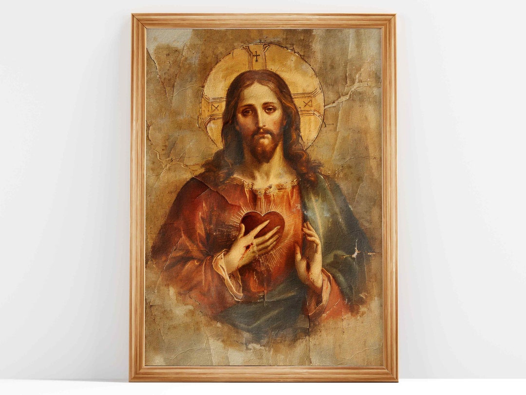 Sacred Heart of Jesus Antique Oil Painting - Christian Wall Art ...