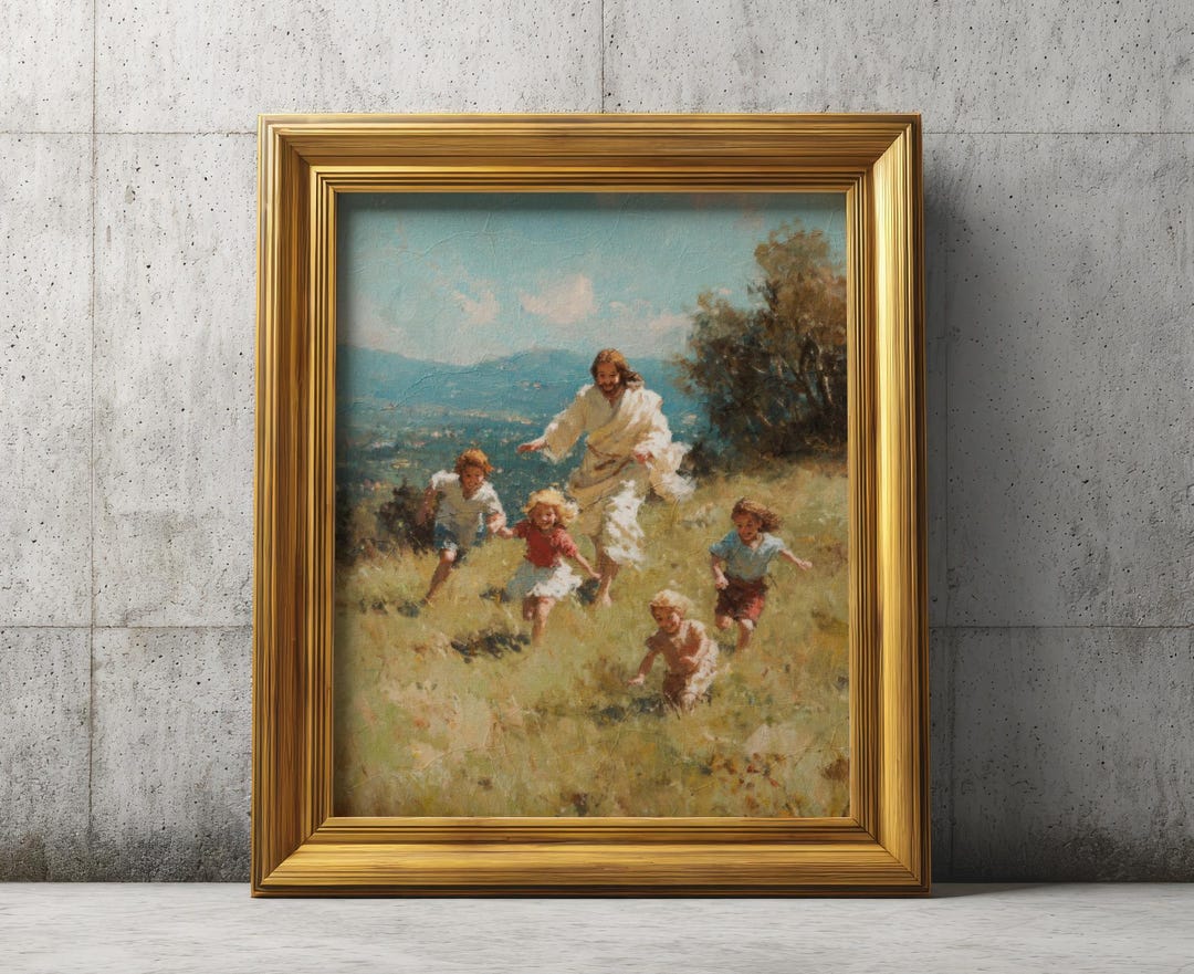 Joyful Jesus Running With Children Painting - Christ in Meadow Art ...