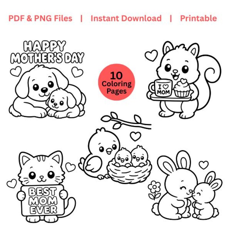 Mother's Day Coloring Book | Kawaii Animals, Kids Activity (PDF PNG) - Etsy