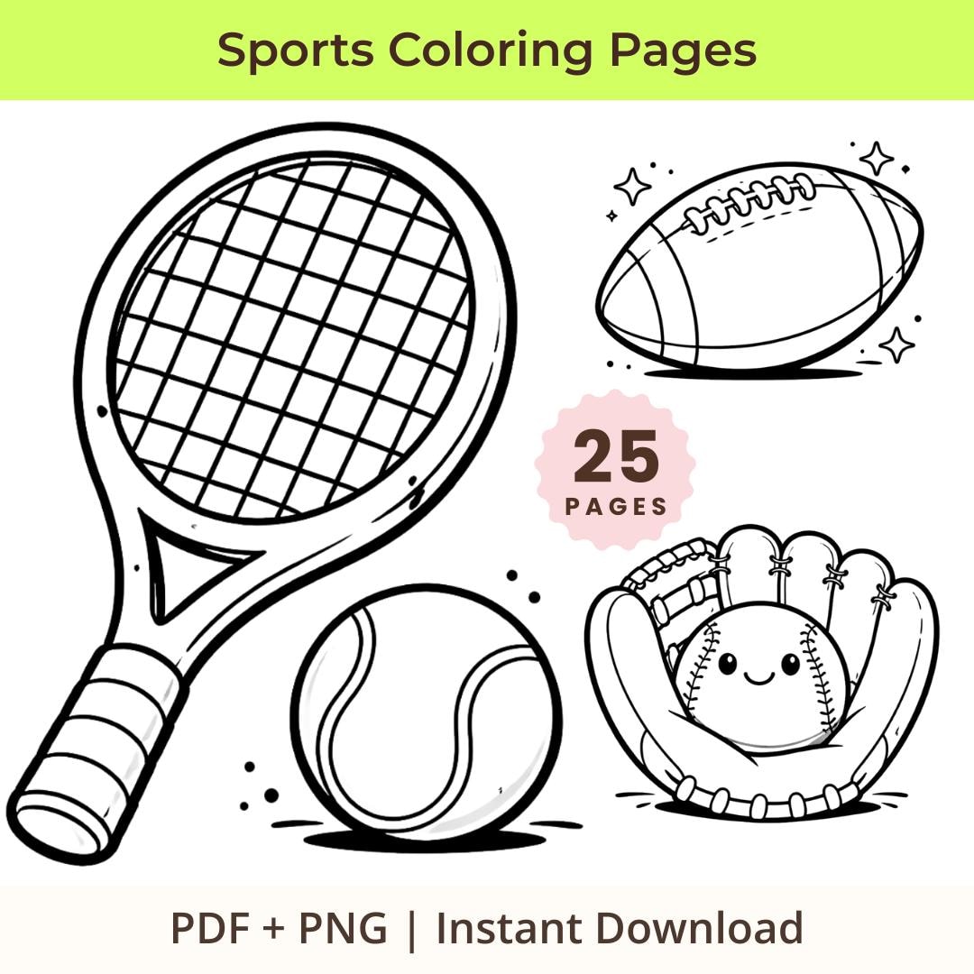 Sports Coloring Pages, 25 Page Set, Baseball, Football, Tennis, Instant ...
