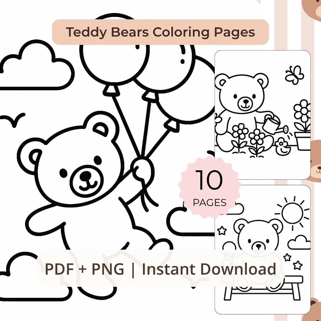 Teddy Bears Coloring Pages, Kids and Adults, 10 Designs (PDF and PNG ...