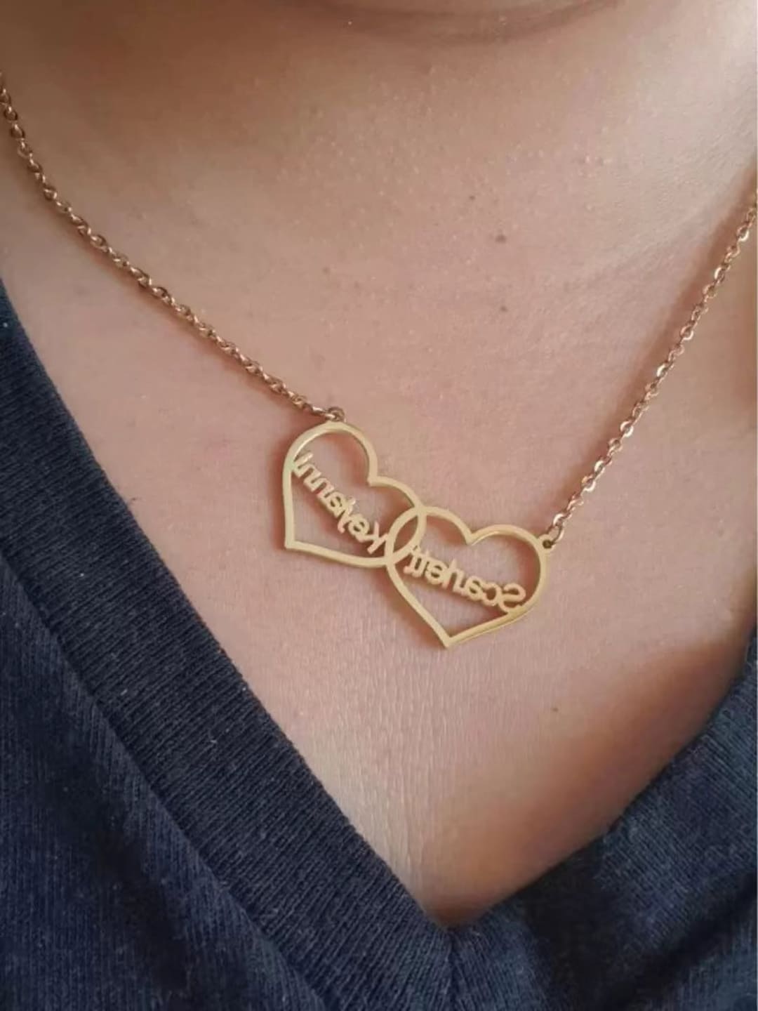 Custom Double Heart Name Necklace, 18K Gold Name Necklace, Couple ...