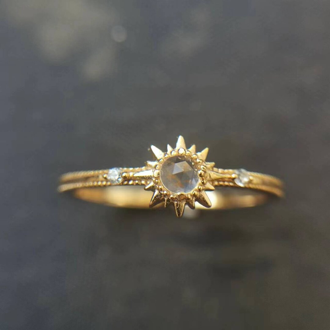 Engraved Ring, Vintage White Crystal Ring, Sun Ring,antique Gold Plated ...