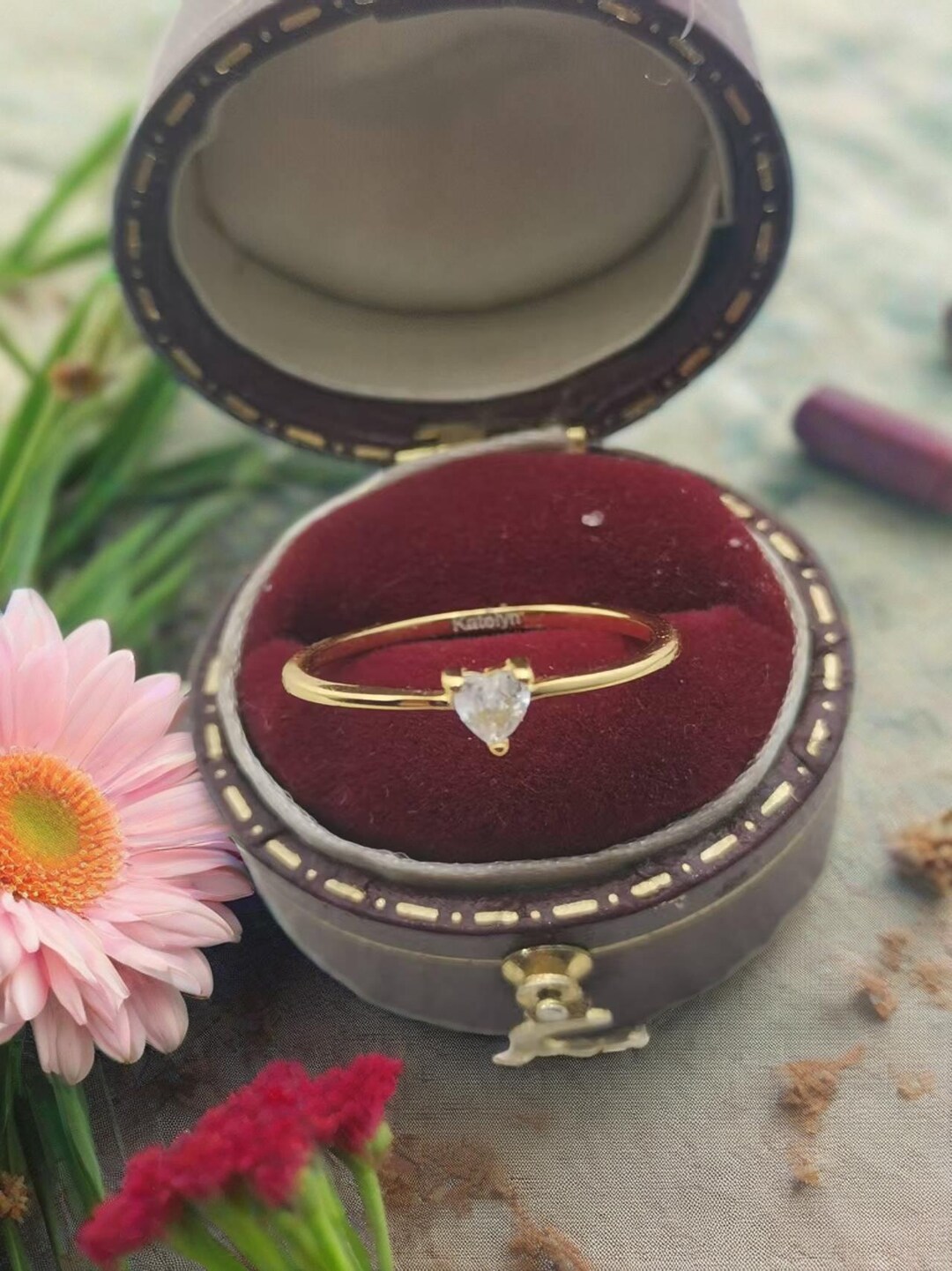 Engraved Heart Ring, 14K Gold Sterling Silver, CZ Diamond Promise Ring ...