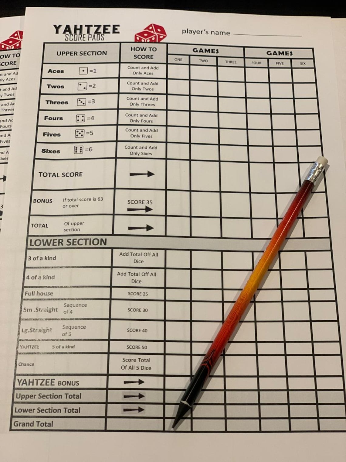 Feuille De Score Yahtzee, Carte De Jeu De Dés, Bloc De Score Yahtzee ...