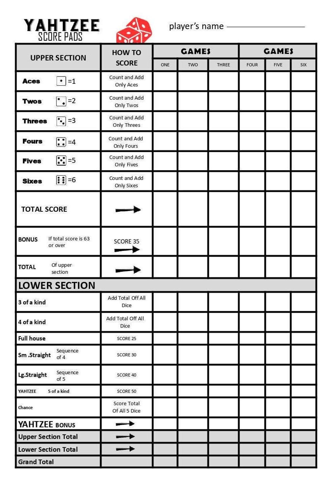 Feuille De Score Yahtzee, Carte De Jeu De Dés, Bloc De Score Yahtzee ...