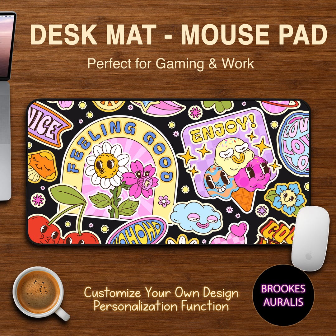 Retro Sticker Vibes Black Desk Mat, Feeling Good Sticker Desk Pad ...