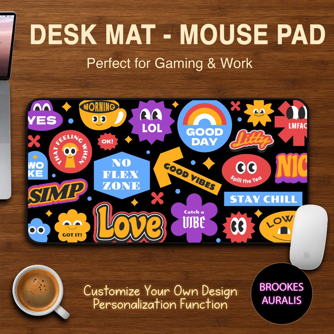 Trendy Meme Sticker Desk Mat, Lowkey Retro Mouse Pad, Custom Extended ...