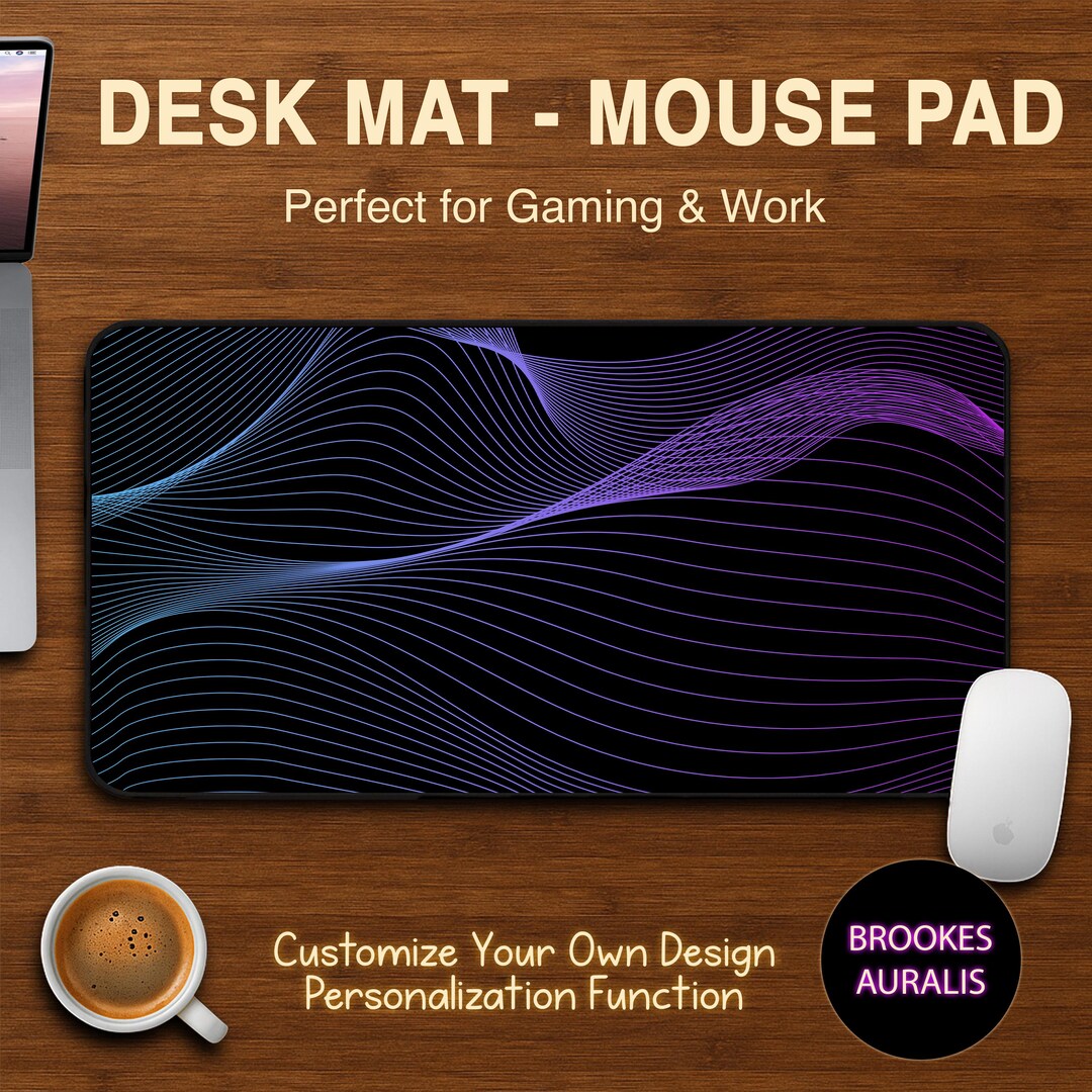 Gradient Neon Desk Mat, Black Background With Wavy Lines Mouse Pad ...