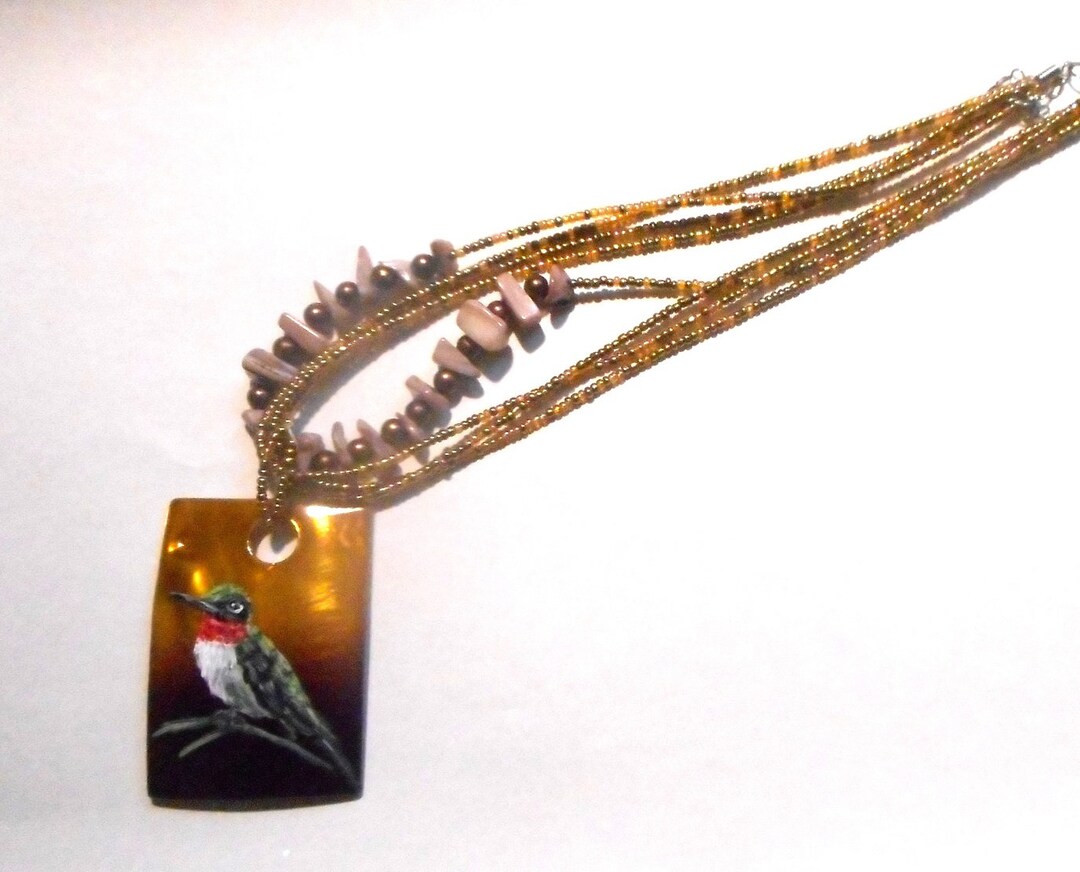 Handmade Hummingbird Necklace: Painted Shell Pendant, Beaded Bird ...