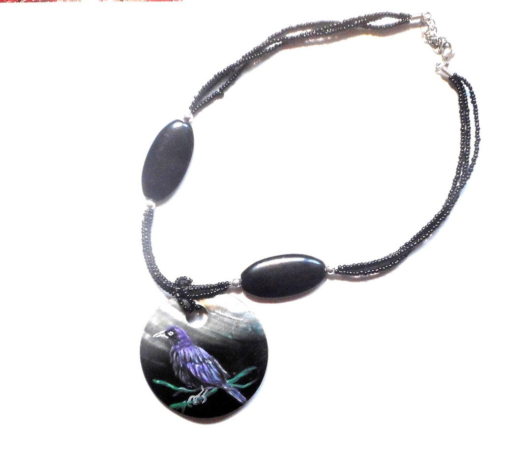 Purple Martin Bird Necklace: Hand-painted Shell Pendant, Beaded Jewelry ...