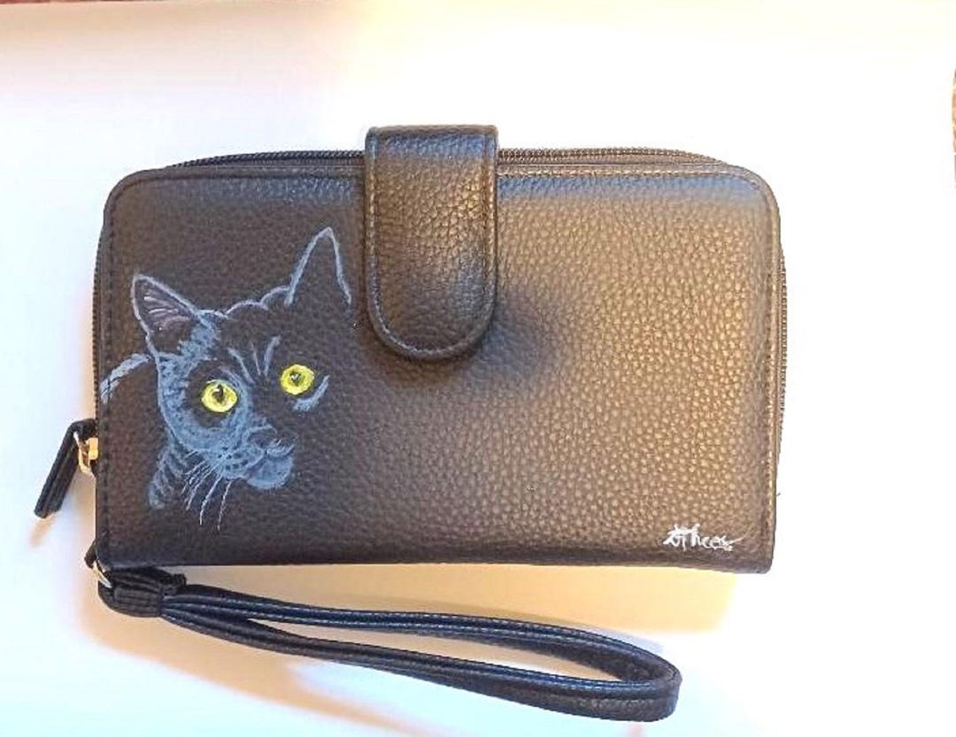 Black Cat Wallet for Women, Cat Painted Wristlet, Cat Lover Gift, Cat ...