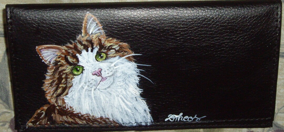 Hand Painted Norwegian Forest Cat Leather Checkbook Cover, Custom Pet ...