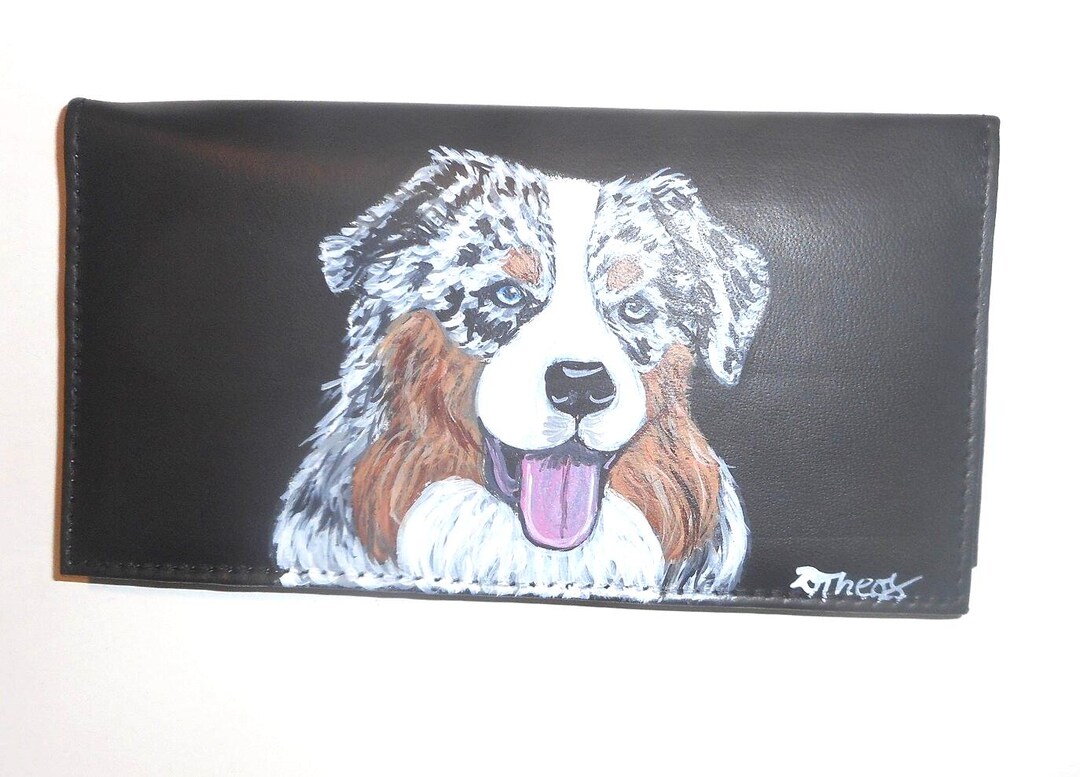 Hand Painted Australian Shepherd Dog Leather Checkbook Cover - Etsy