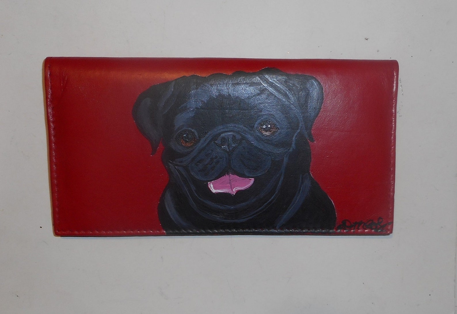 Pug Dog Portait Checkbook Cover Holder Hand Painted Leather | Etsy