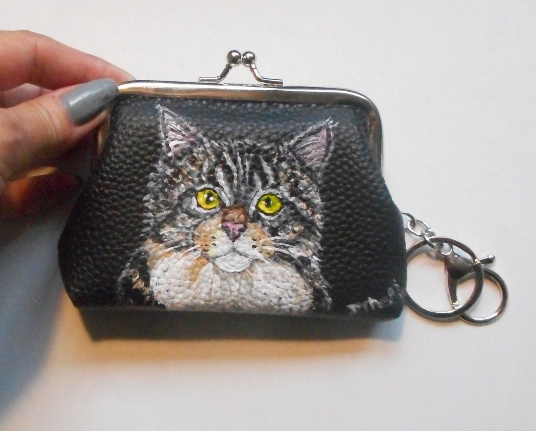 Tabby Cat Coin Purse With Key Chain, Maine Coon Cat, Hand Painted Cat ...