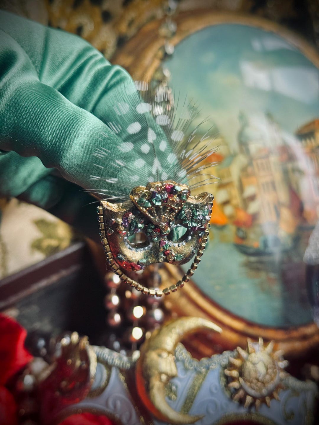 Whimsical Venetian Masquerade Brooch, Baroque Fairytale Brooch, Feather ...