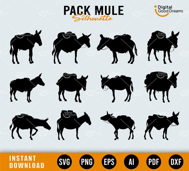 Pack Mule Silhouette Svg, Clipart, Png, Dxf Silhouette, Eps Vector Cut ...