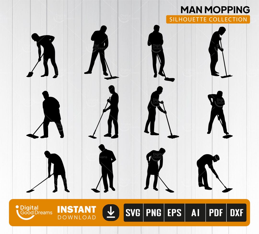 Man Mopping Silhouette SVG, Clipart, PNG, Eps, DXF , Silhouette Cut ...