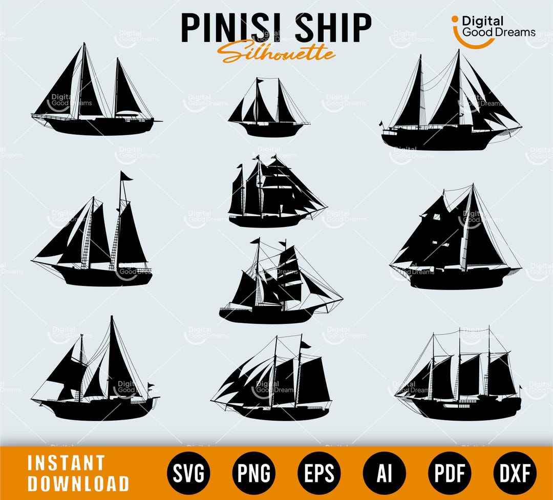 Pinisi Ship Silhouettes Svg, Clipart, Png, Dxf Silhouette, Eps Vector ...