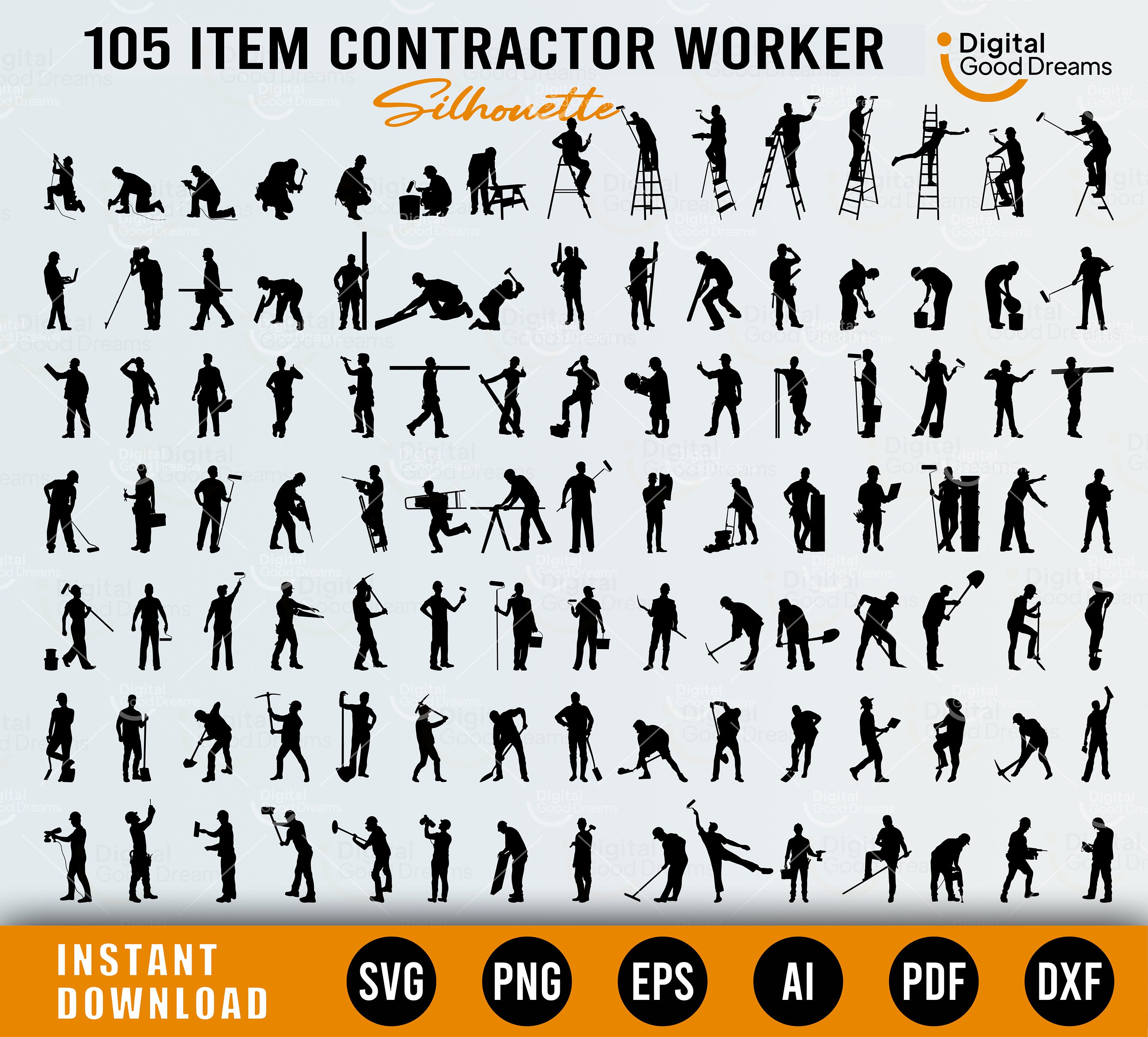 Contractor Worker Silhouette Svg Vector Illustration Set, Clipart, Png ...