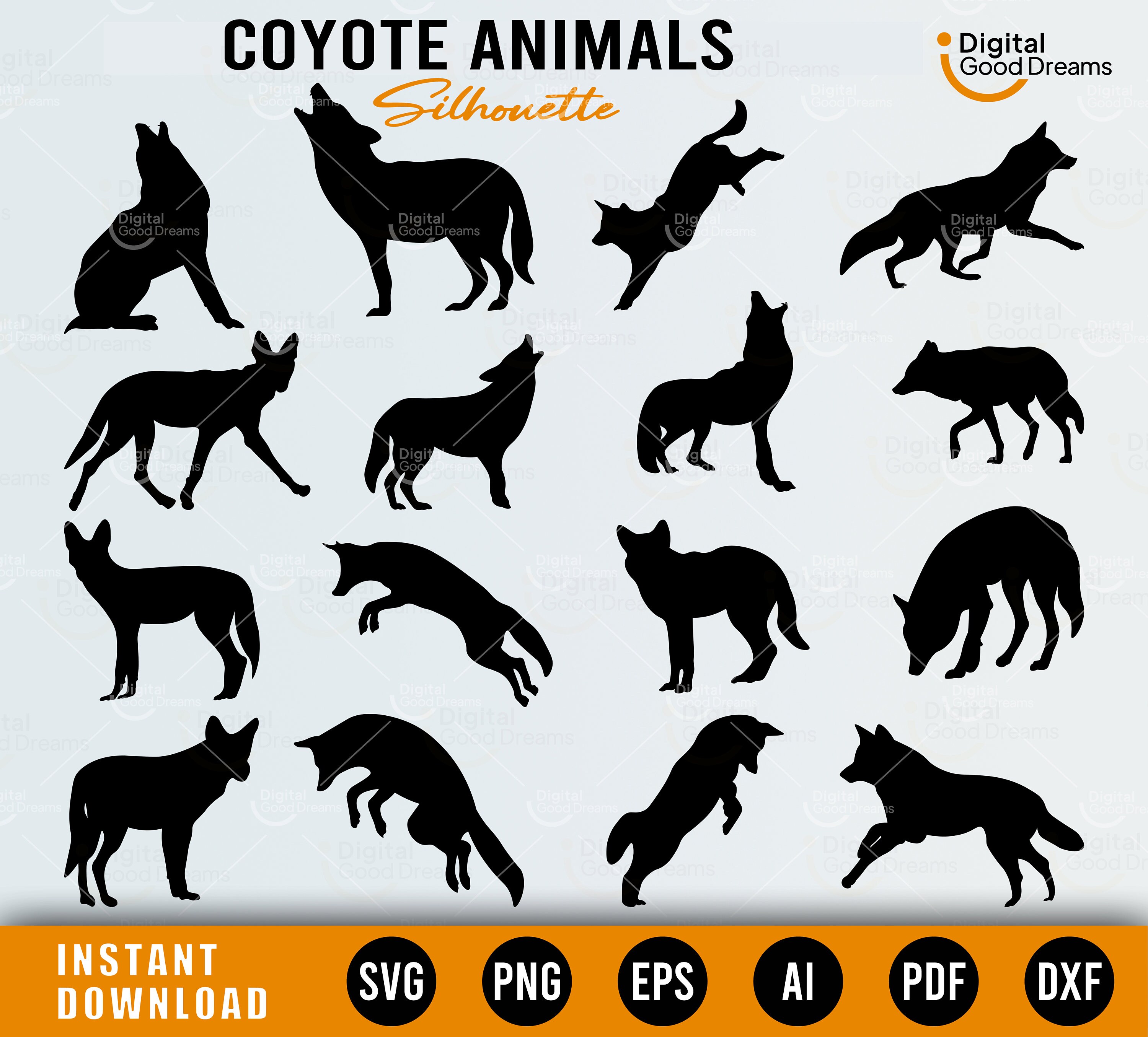 Coyote Silhouette Svg Vector Illustration Set, Clipart, Png Image ...