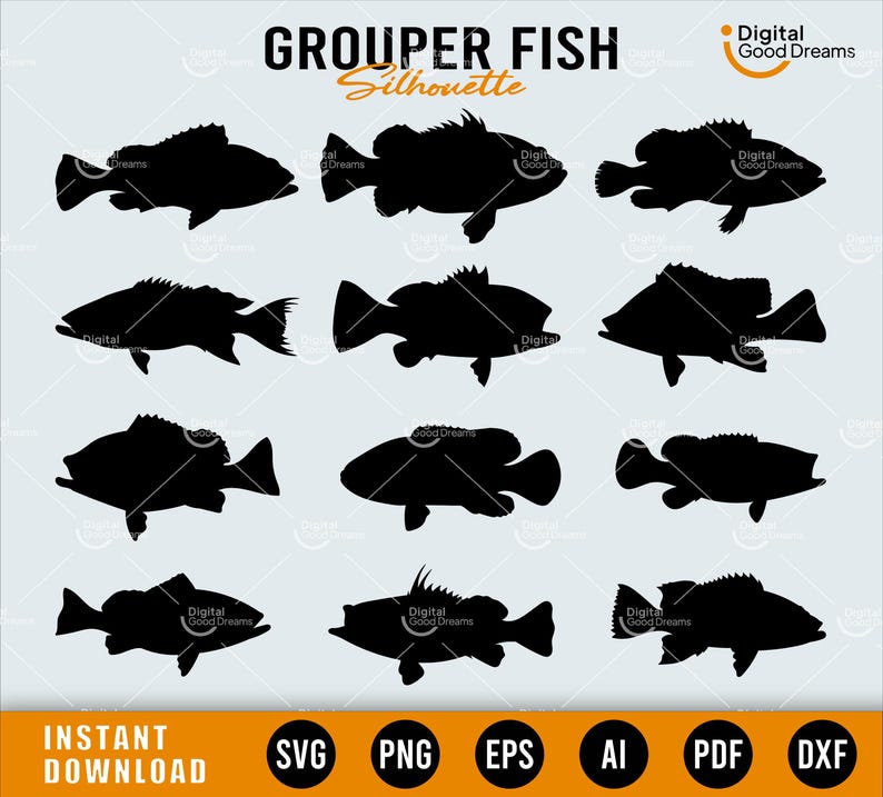 Grouper Fish Silhouette Svg, Clipart, Png, Dxf Silhouette, Eps Vector Cut File for Cricut and ...