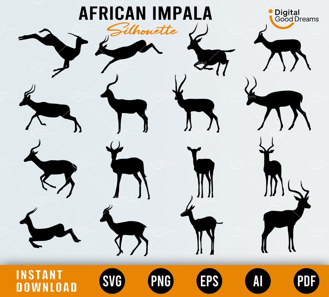 African Impala Silhouette Svg Vector Illustration Set, Clipart, Png ...