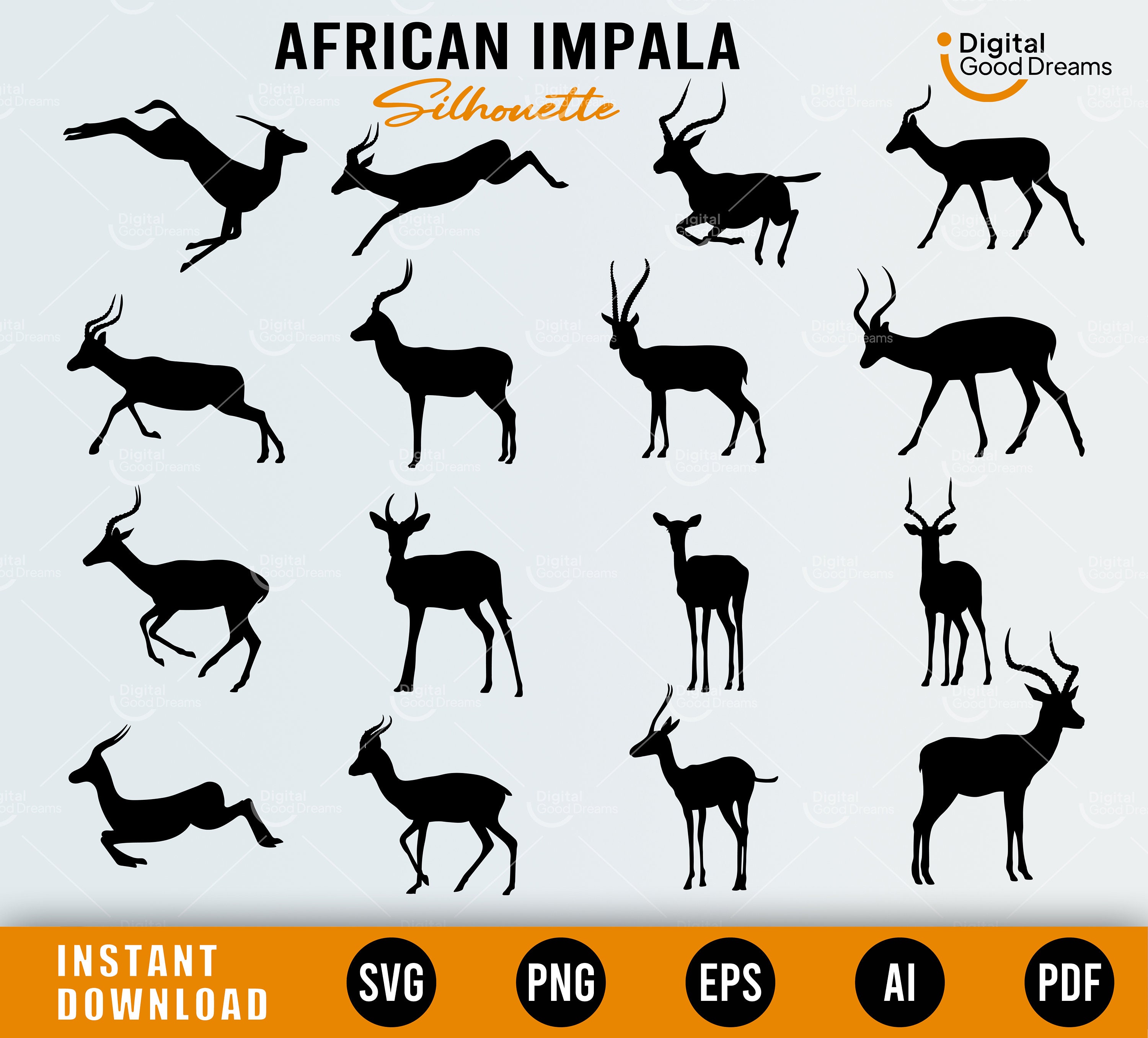 African Impala Silhouette Svg Vector Illustration Set, Clipart, Png ...