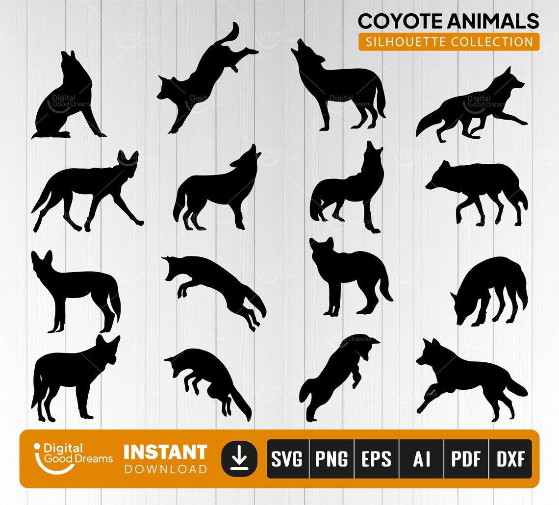 Coyote Silhouette Svg Vector Illustration Set, Clipart, Png Image ...