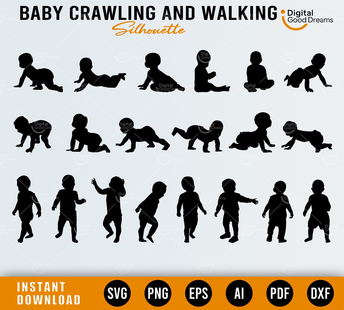 Baby Crawling & Walking Silhouette Svg Vector Illustration Set, Clipart ...