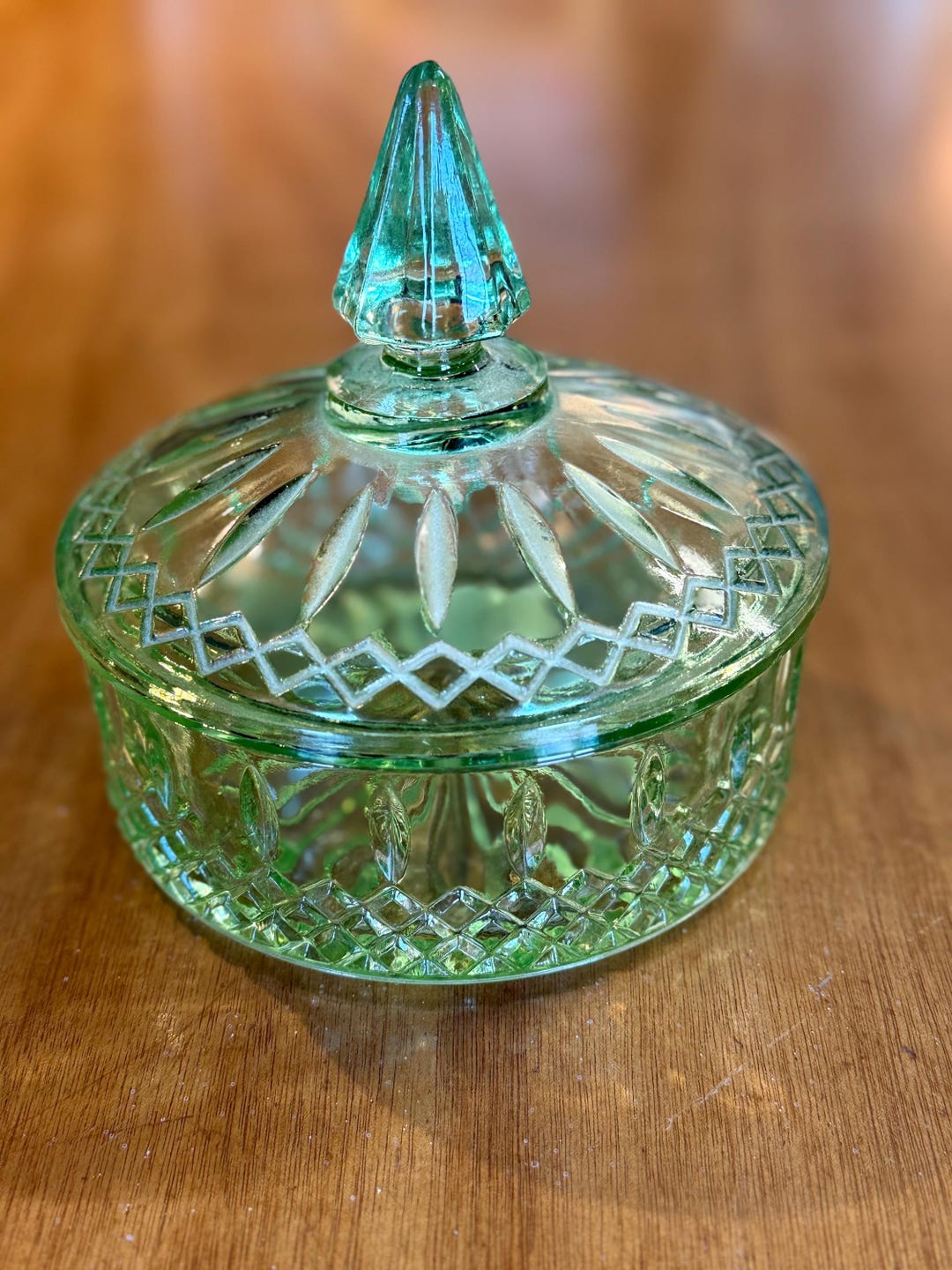 Vintage Green Glass Candy Dish With Lid | Art Deco Pressed Glass ...