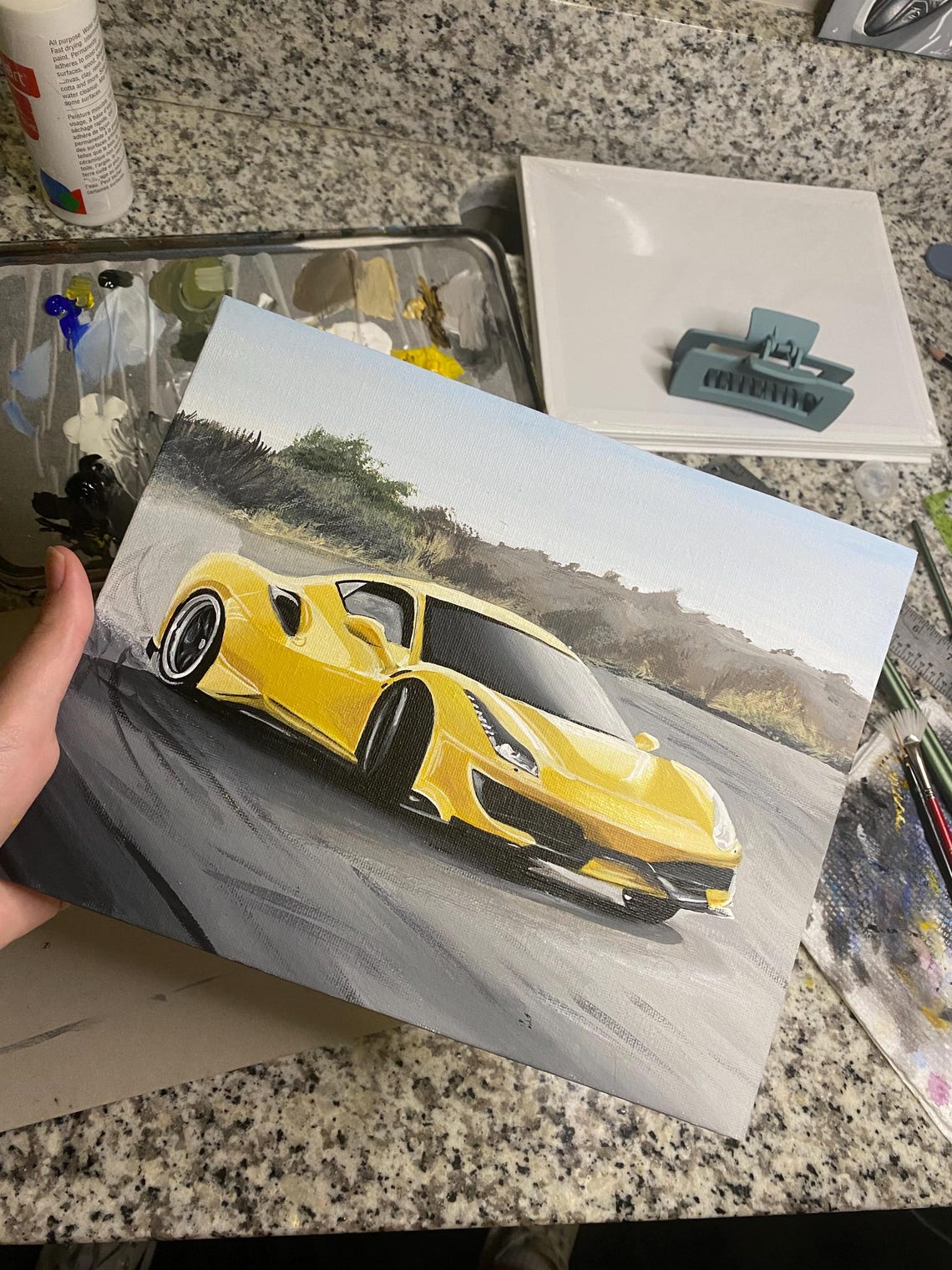 8x10 Hand Painted Ferrari on Canvas Panel. Yellow Ferrari Acrylic ...