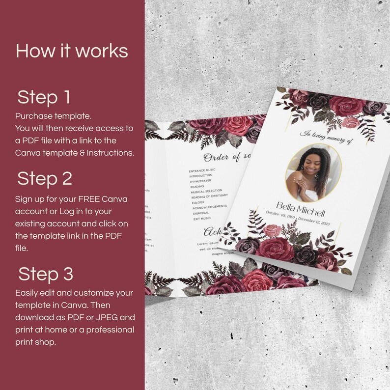 Red Roses Funeral Program Template, Memorial Card, Canva Editable ...