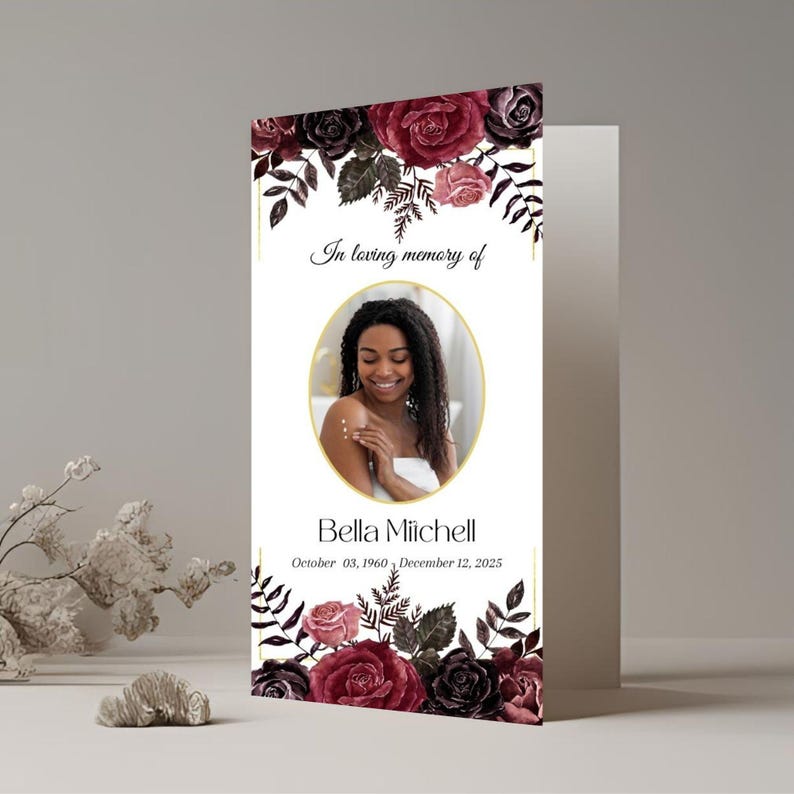 Red Roses Funeral Program Template, Memorial Card, Canva Editable ...