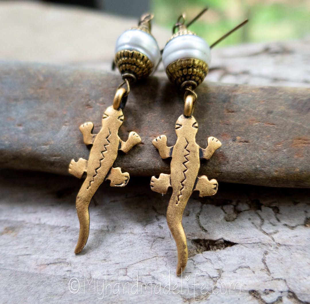 Bronze Lizard Earrings: Freshwater Pearl Dangle Earrings - Etsy