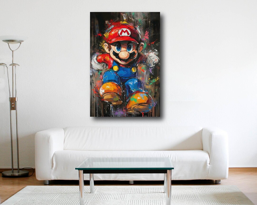 Watercolor Mario Canvas Painting Poster Print, Super Mario Banksy Wall ...