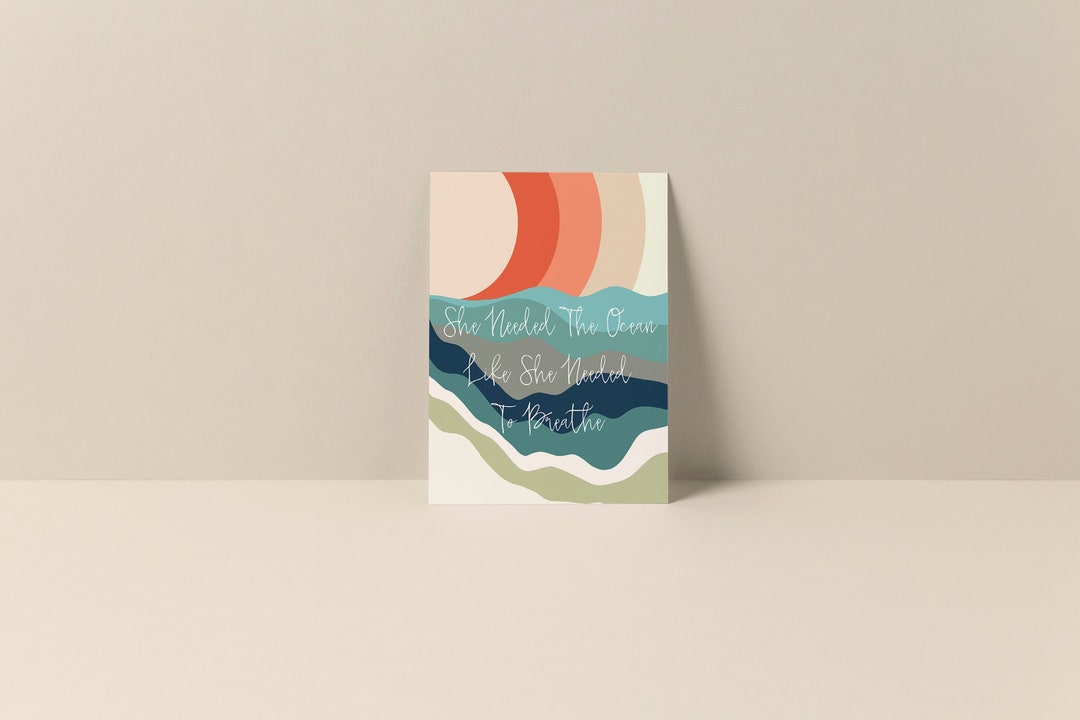 She Needed the Ocean Note Card, Coastal Note Card, Typography Card ...