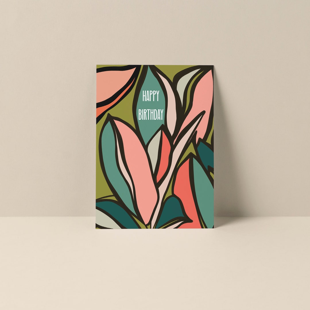 Happy Birthday, Birthday Card, Blank Note Card, Plant Note Card, Leaf ...