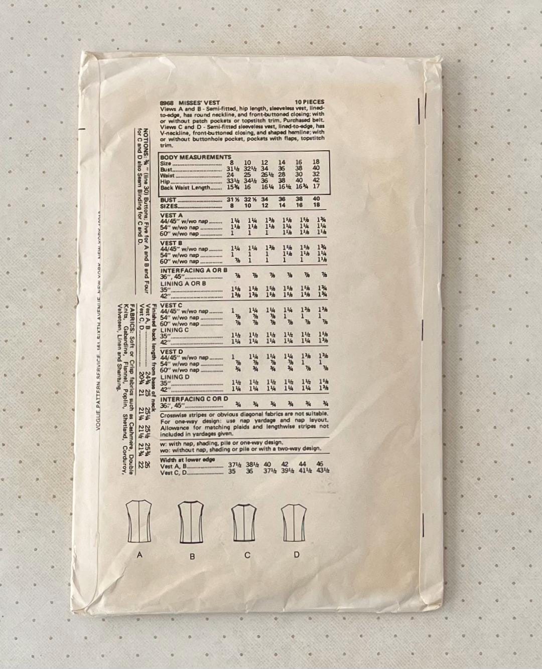 1970s Vogue Vest Pattern, Vogue 8968, Size 14 - Etsy