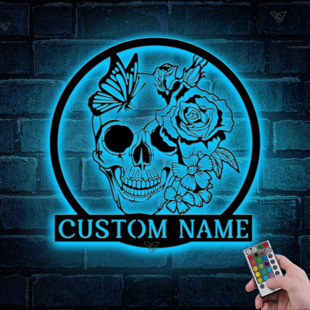 Custom Sugar Skull Metal Sign With Led Light, Skull Name Sign, Skull ...