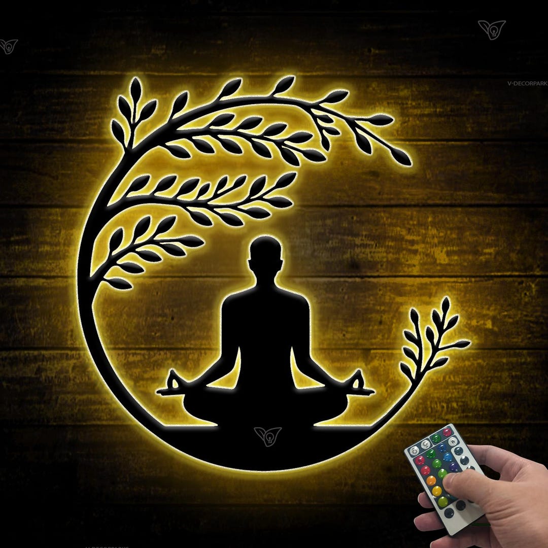 Yoga Buddha Tree Metal Wall Art LED Light Buddhist Sign Home Decoration ...
