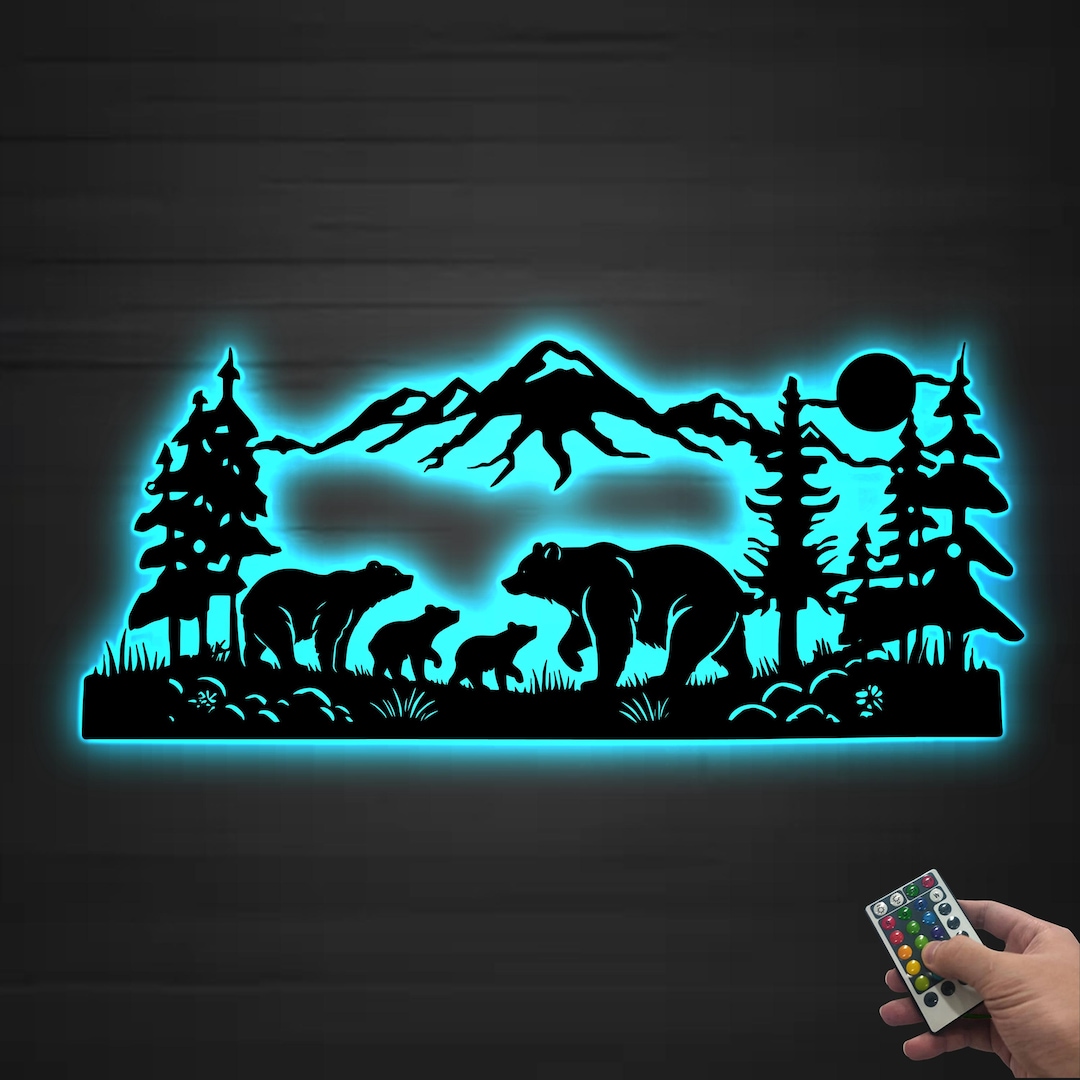 Family Bear in Woods Metal Sign With Led Lights, Forest Bear Metal Wall ...