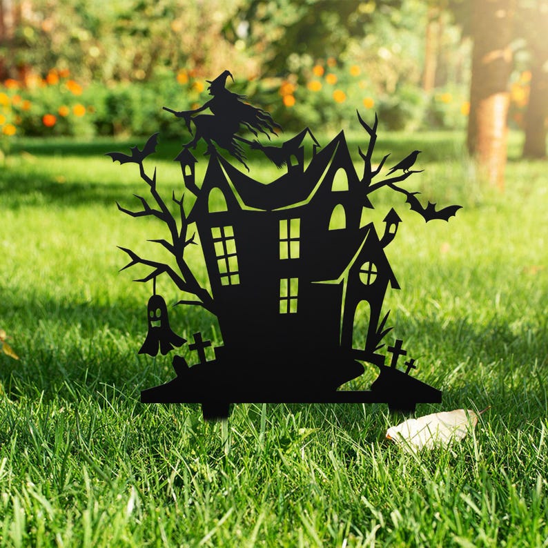 Metal Haunted House Yard, Halloween Witch Metal Sign, Haunted House ...