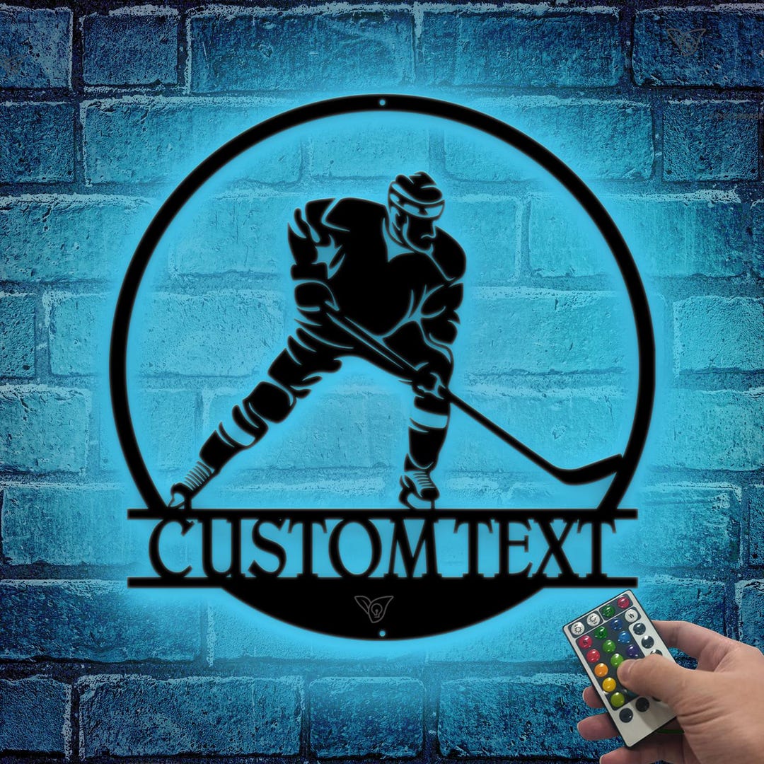Personalized Ice Hockey Metal Wall Art LED Lights, Custom Hockey Player ...