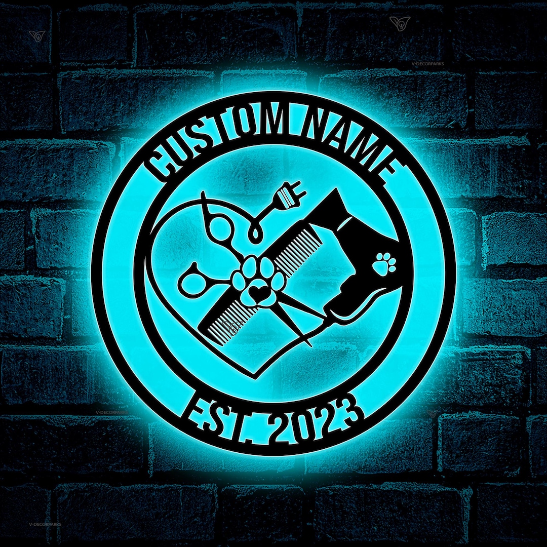 Custom Dog Grooming Hair Salon Metal Wall Art LED Lights Personalized ...