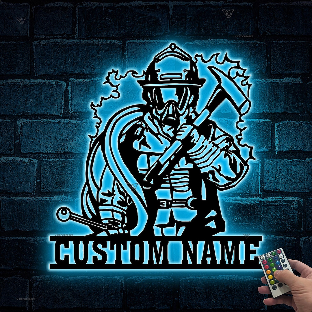 Personalized Firefighter Metal With Led Lights, Fireman Name Sign Wall ...