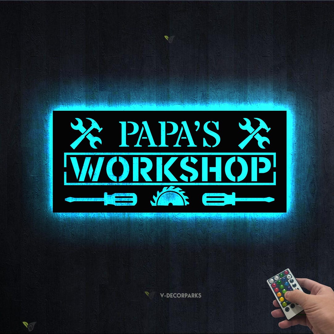 Custom Papa's Work Shop Sign LED Lights, Dad Workshop Metal Sign ...