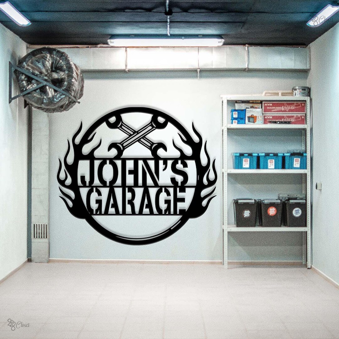 Custom Garage Metal Sign, Wrench and Flames Wall, Flame Garage Sign ...