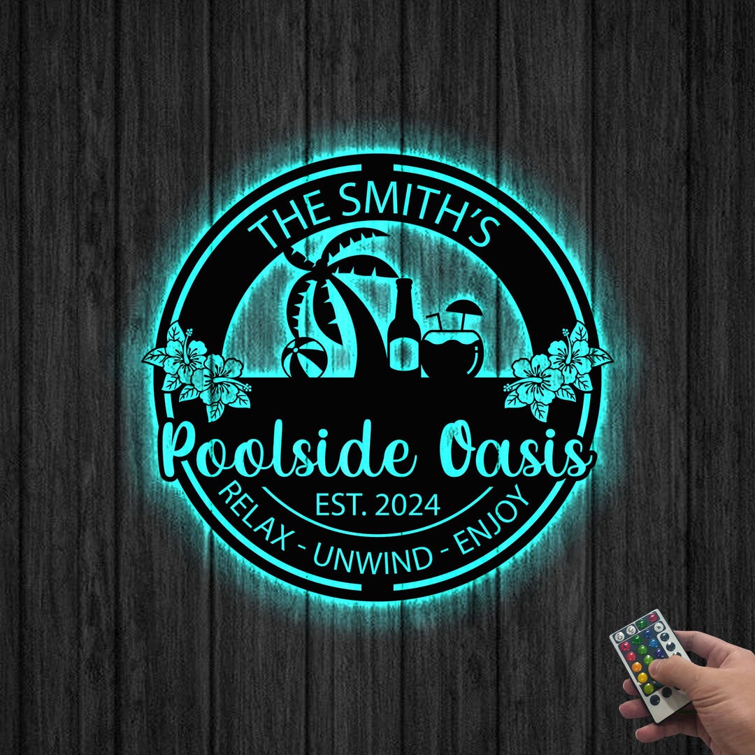 Personalized Poolside Oasis Metal Sign Led Lights, Custom Tiki Bar Sign ...